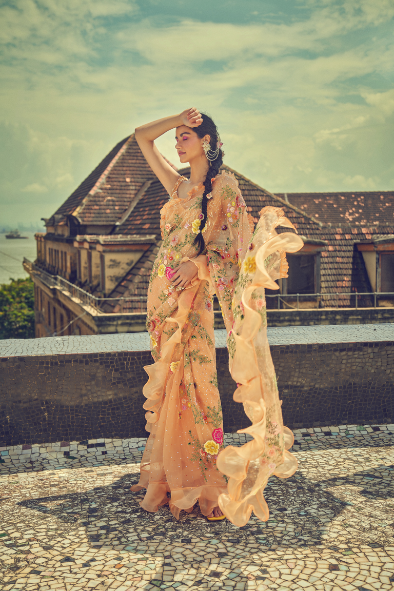 Peach Floral Saree with Ruffle – Surily G